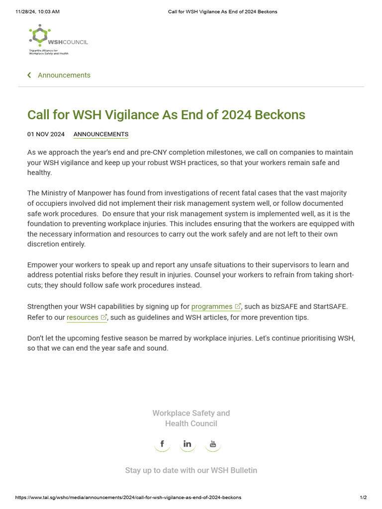 WSH Bulletin: Year-End Safety Call 2024 | PDF | Occupational Safety And ...