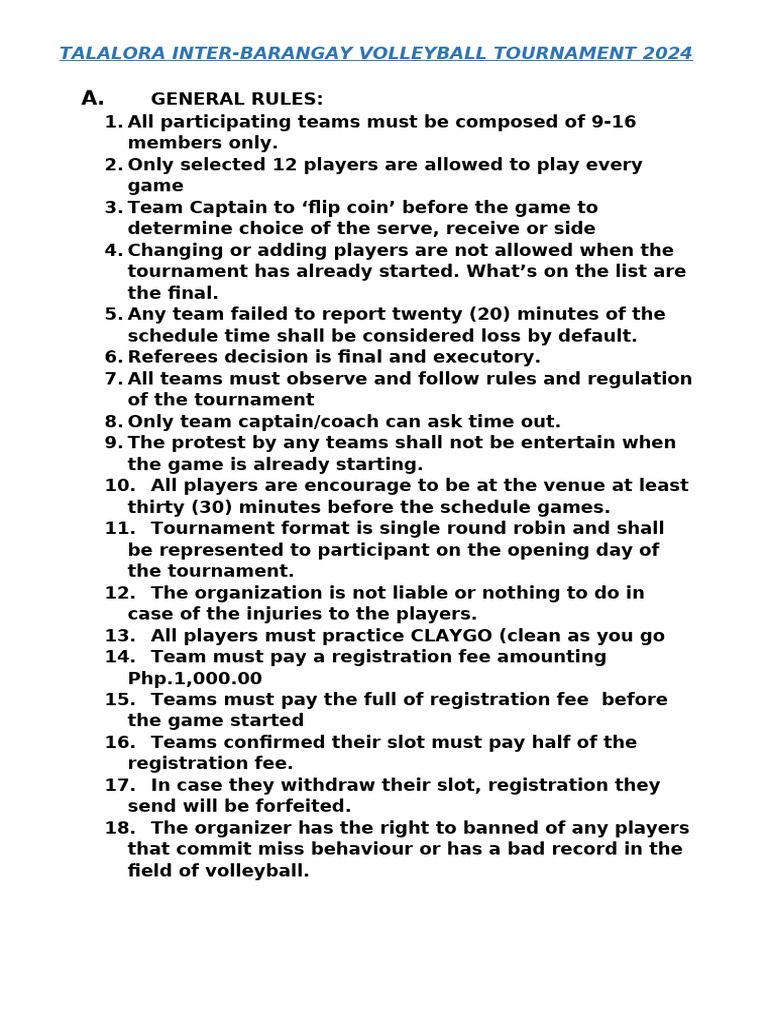 Talalora Volleyball Tournament Rules 2024 | PDF