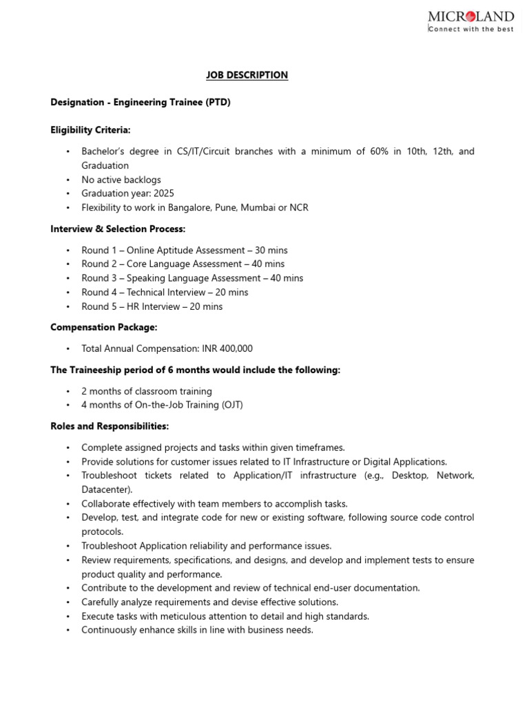 JD & FAQ's - T2 - Engineering Trainee - PTD | PDF | Apprenticeship | Business