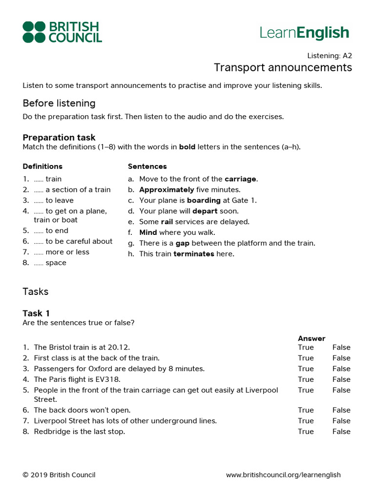 LearnEnglish Listening A2 Transport Announcements | PDF | Rail Transport | Transport
