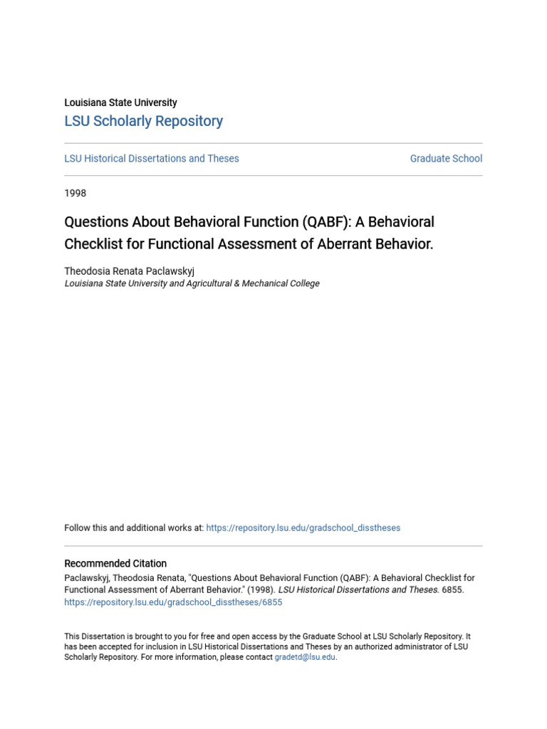 Questions About Behavioral Function (QABF) - A Behavioral Checklis ...