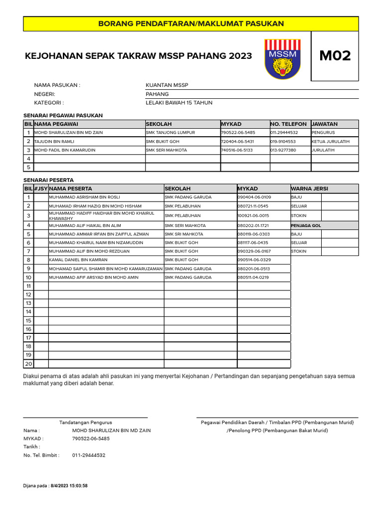 KUANTAN PENDAFTARAN INDIVIDU M02 LELAKI BAWAH 15 TAHUN KUANTAN MSSP | PDF