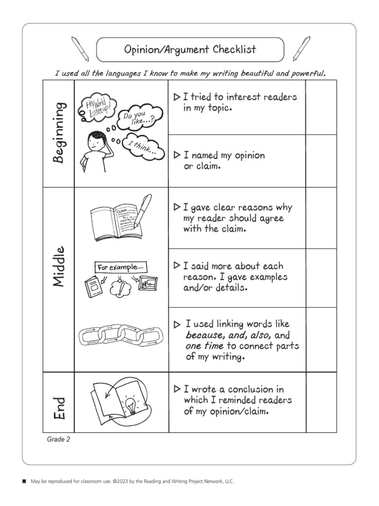2nd Grade Opinion Writing Checklist | PDF