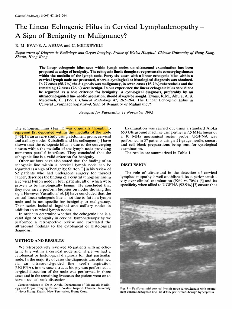 The Linear Echogenic Hilus in Cervical Lymphadenopathy- A Sign of ...