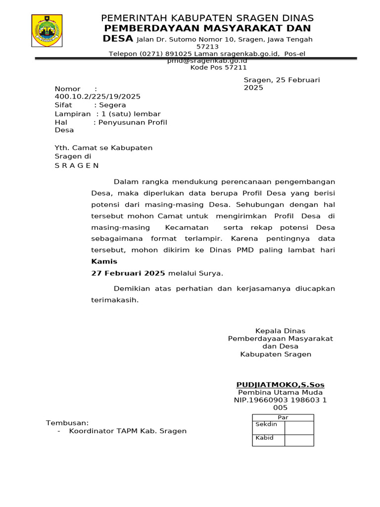 Surat Penyusunan Profil Desa Dan Rekap Potensi 2025 | PDF