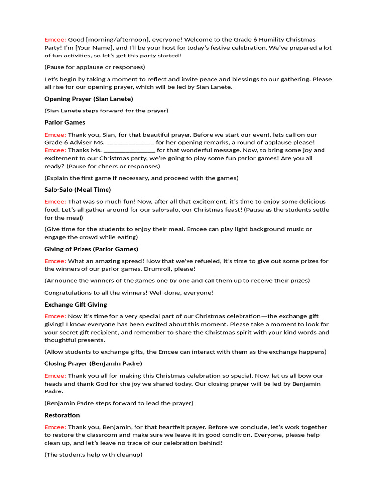 Grade 6 Christmas Party Script | PDF | Christmas