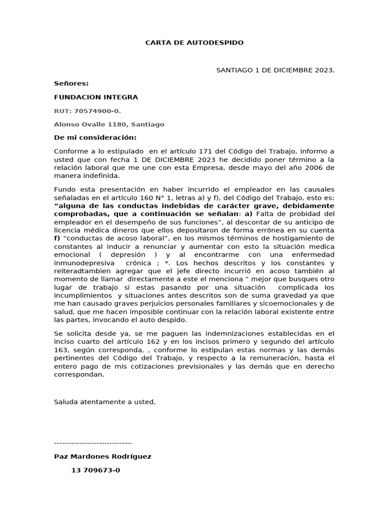 FORMATO CARTA DE AUTODESPIDO Sebastian | PDF