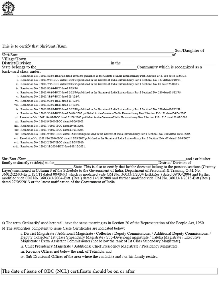 OBC - NCL Format For PGDBA 2019 | PDF