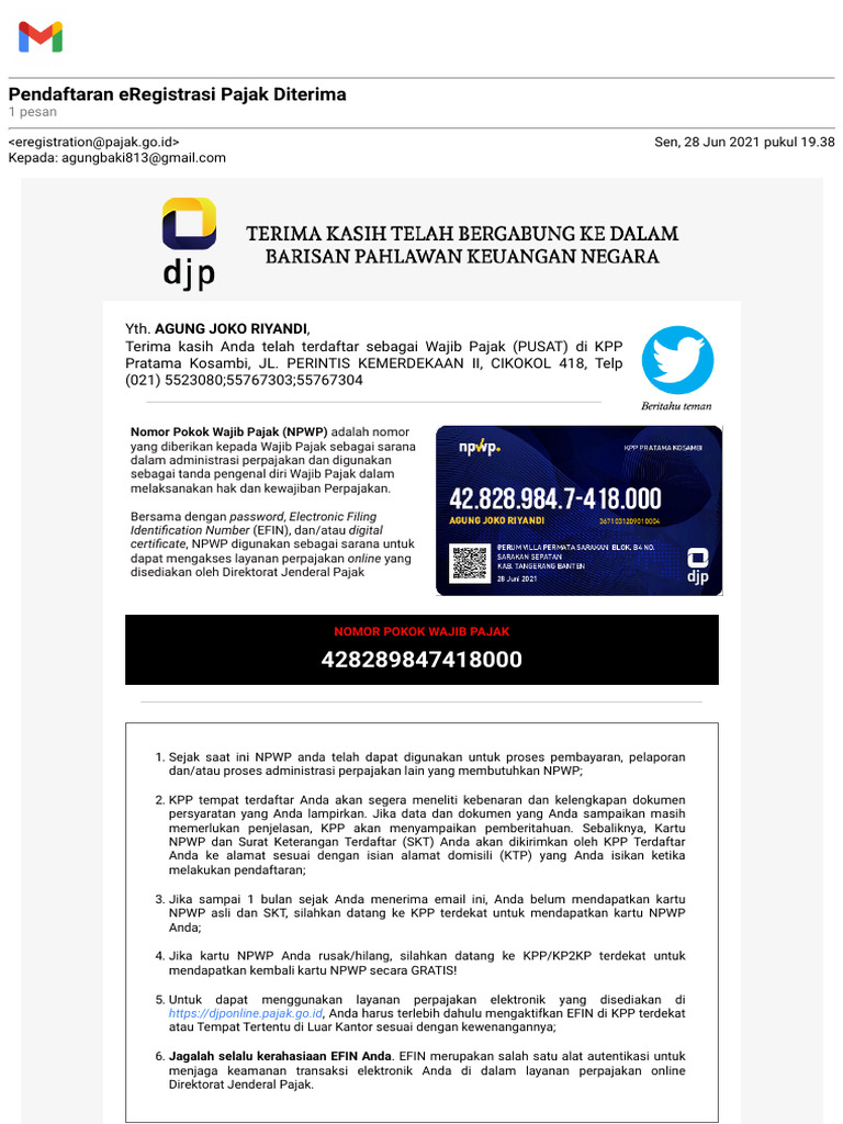 Gmail - Pendaftaran ERegistrasi Pajak Diterima | PDF