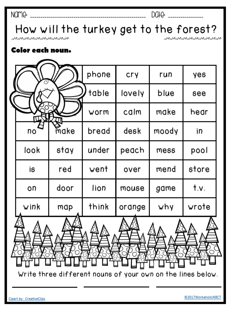 How Will The Turkey Get To The Forest?: Color Each Noun | PDF ...