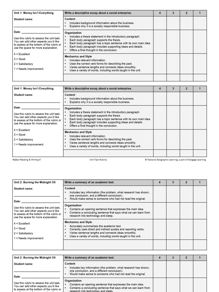 Reflect rw6 Unit Task Rubrics p2 | PDF | Essays | Paragraph