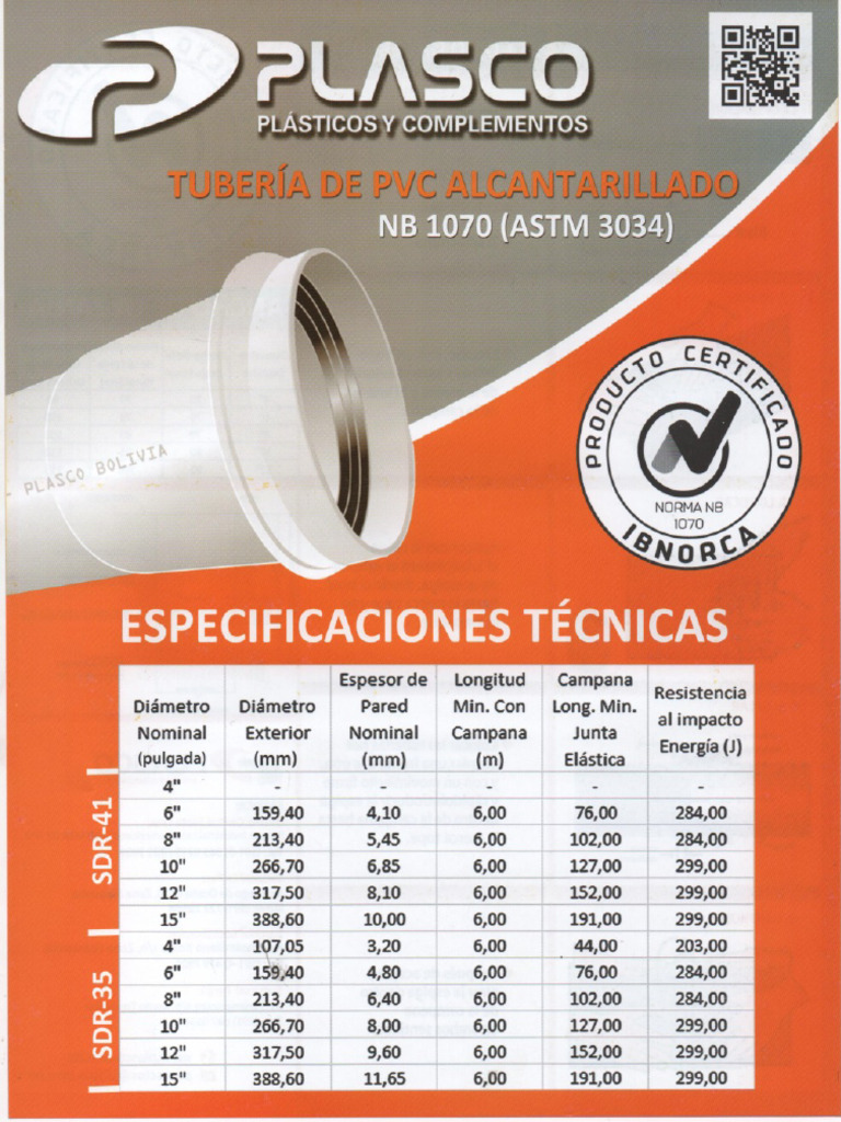 Tubería PVC Alcantarillado NB-1070 (ASTM 3034) | PDF