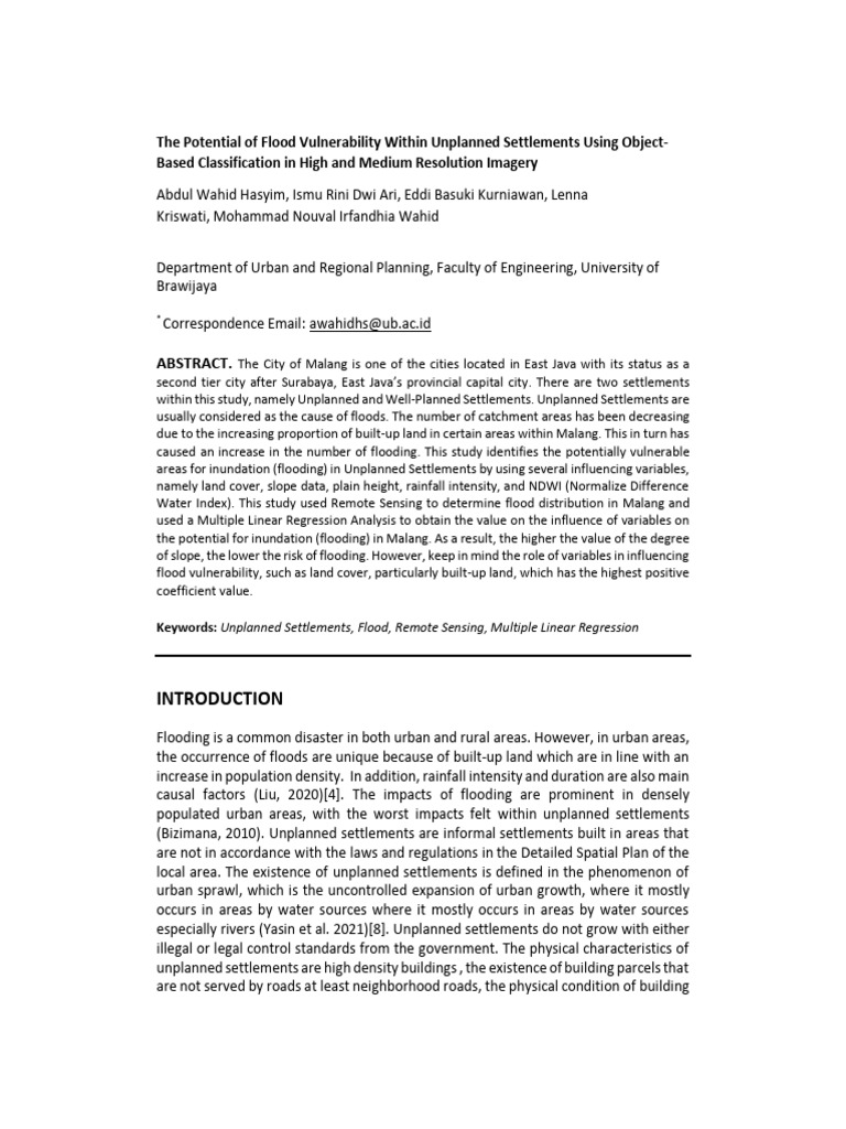 Flood Vulnerability in Unplanned Settlements | PDF | Coefficient Of ...