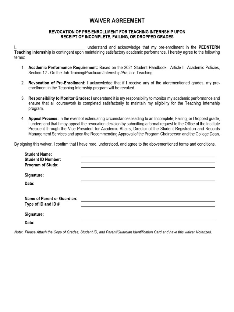WAIVER AGREEMENT For Preservice Teacher Pre Enrollment | PDF