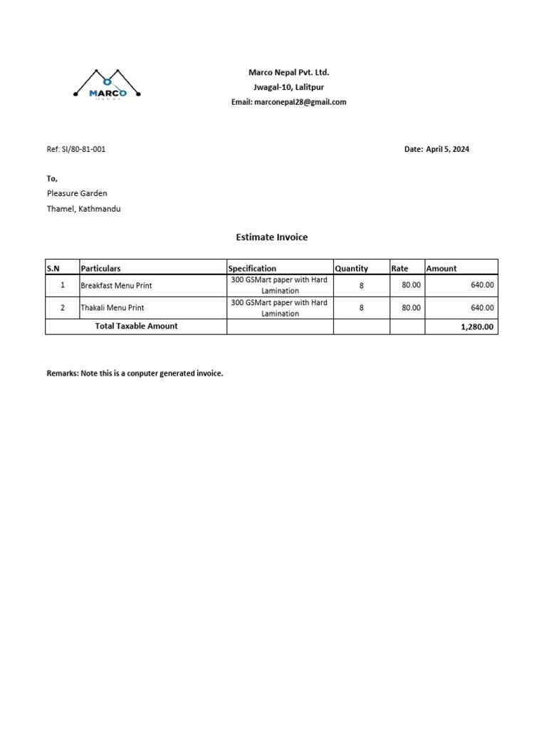 Estimate Bill. Printing | PDF