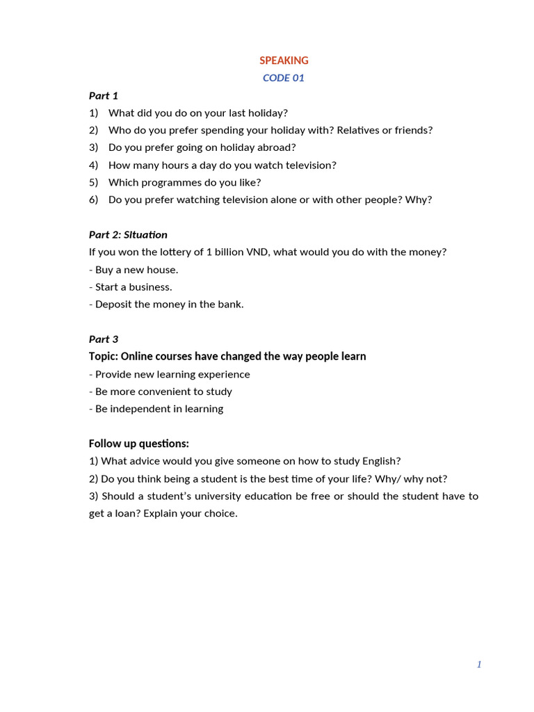 SPEAKING B2 C1 - Questions | PDF | Schools | Teachers