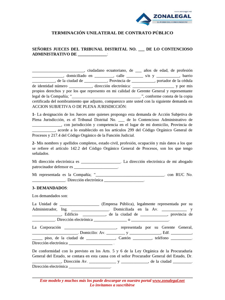 Demanda de Terminación Unilateral de Contrato | PDF | Demanda judicial ...