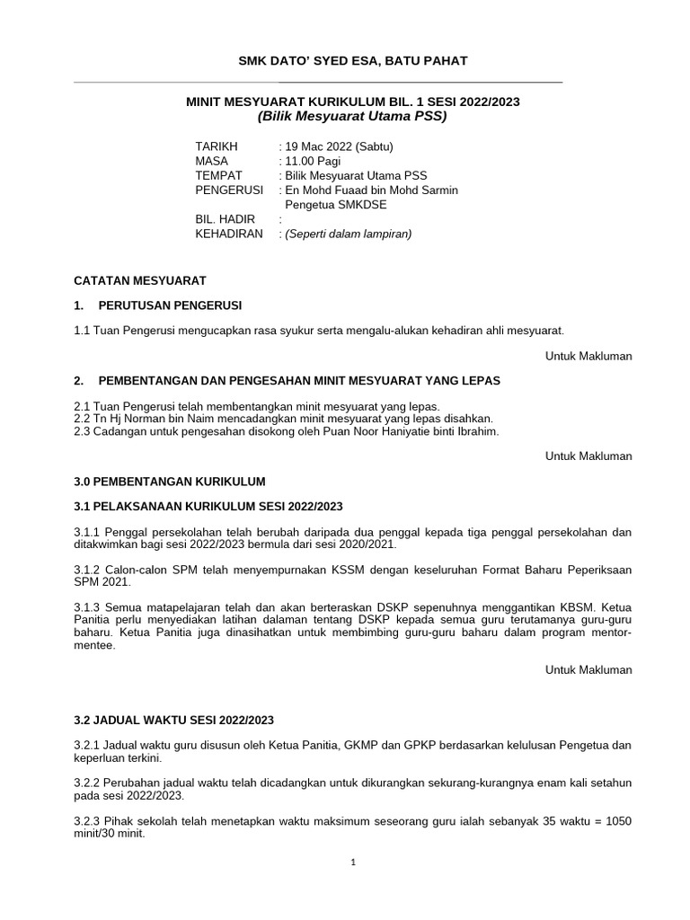 Minit Mesyuarat Kurikulum Bil 1 Sesi 2022 | PDF