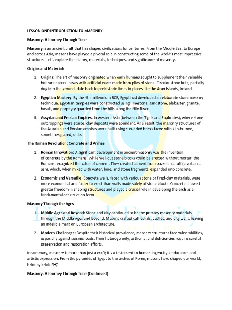 Lesson One Introduction To Masonry | PDF | Masonry | Brick