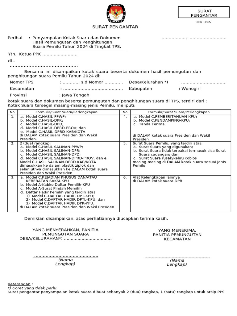 Surat Pengantar Penyampaian Berita Acara (PPS Ke PPK) | PDF