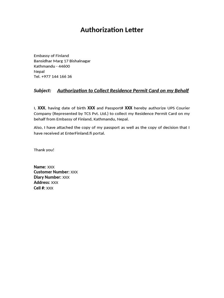 Authorization Letter for Residence Permit Collection | PDF