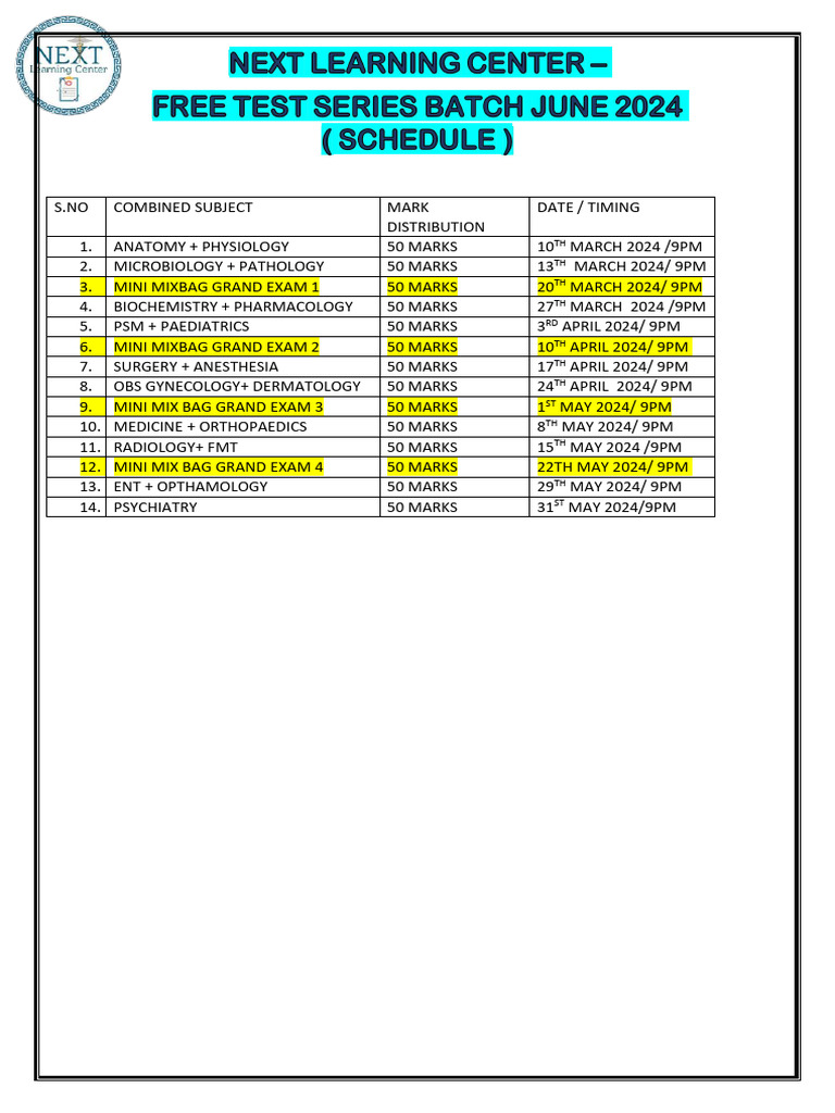Free Test Series Schedule | PDF