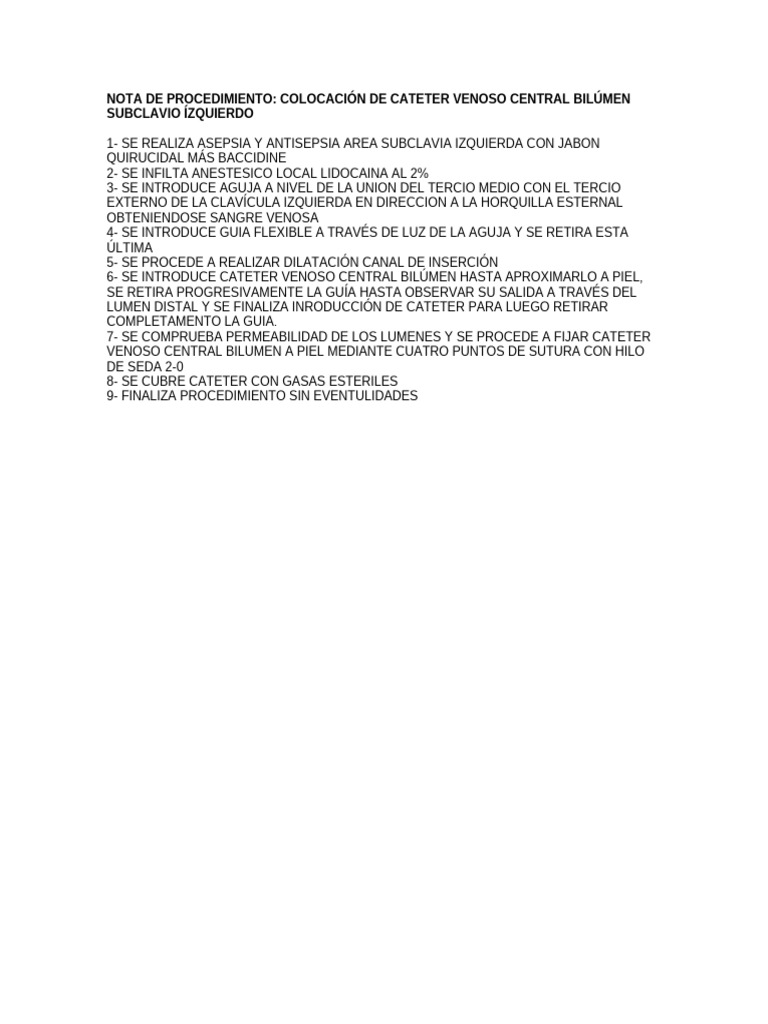 Nota de Colocación Cateter Venoso Central | PDF
