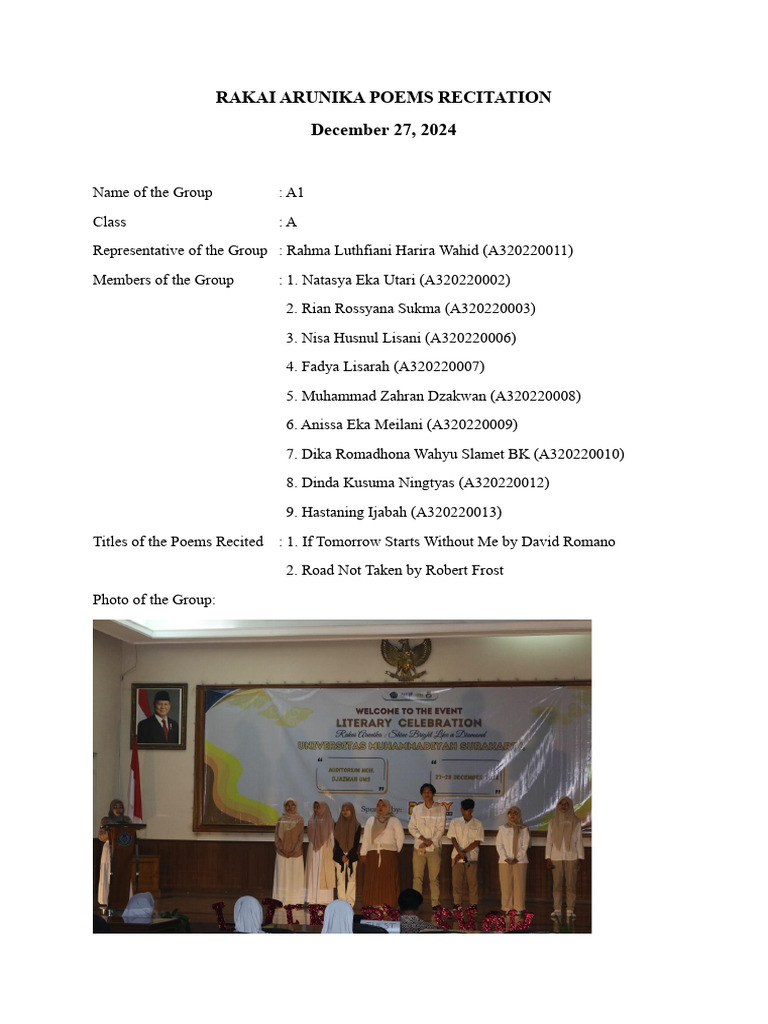 Introduction To Literature (A) - Rakai Arunika Poems Recitation - 271224 - Group A1 | PDF