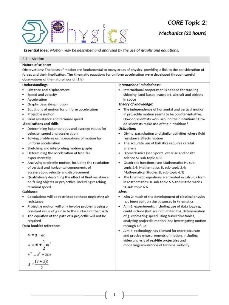 2019 Topic 2 Notes For IB Stand Phy | PDF | Force | Mechanics