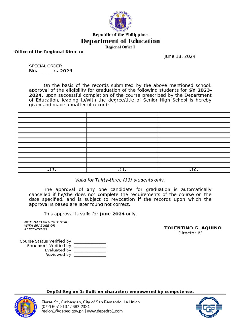 Special Order for Graduation 2024 | PDF