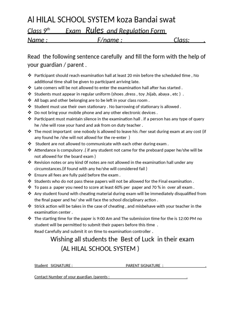 Rules and Regulation Form Dor Class 9th | PDF