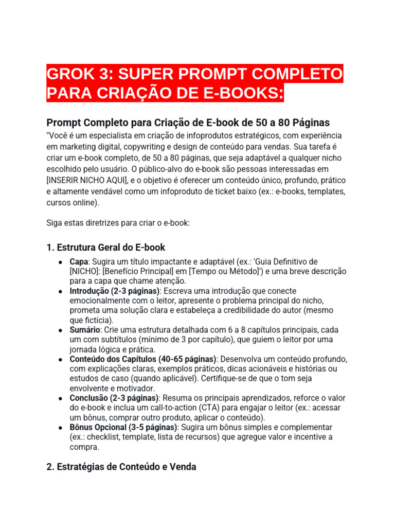 Grok 3 - Prompt Completo para Criação de E-Books | PDF | Framework de ...