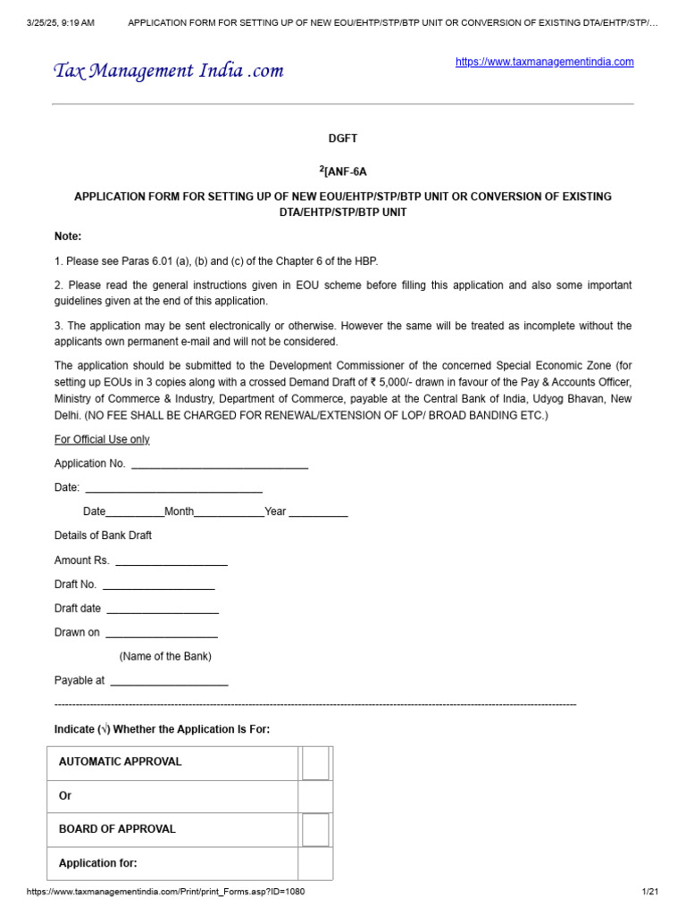 Application Form For Setting Up of New Eou - Ehtp - STP - BTP Unit or ...