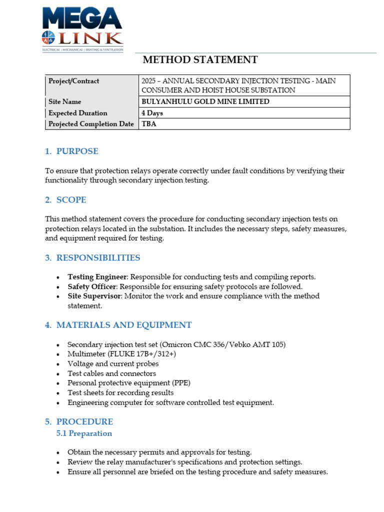 Method Statement For Annual Secondary Injection | PDF | Relay | Verification And Validation