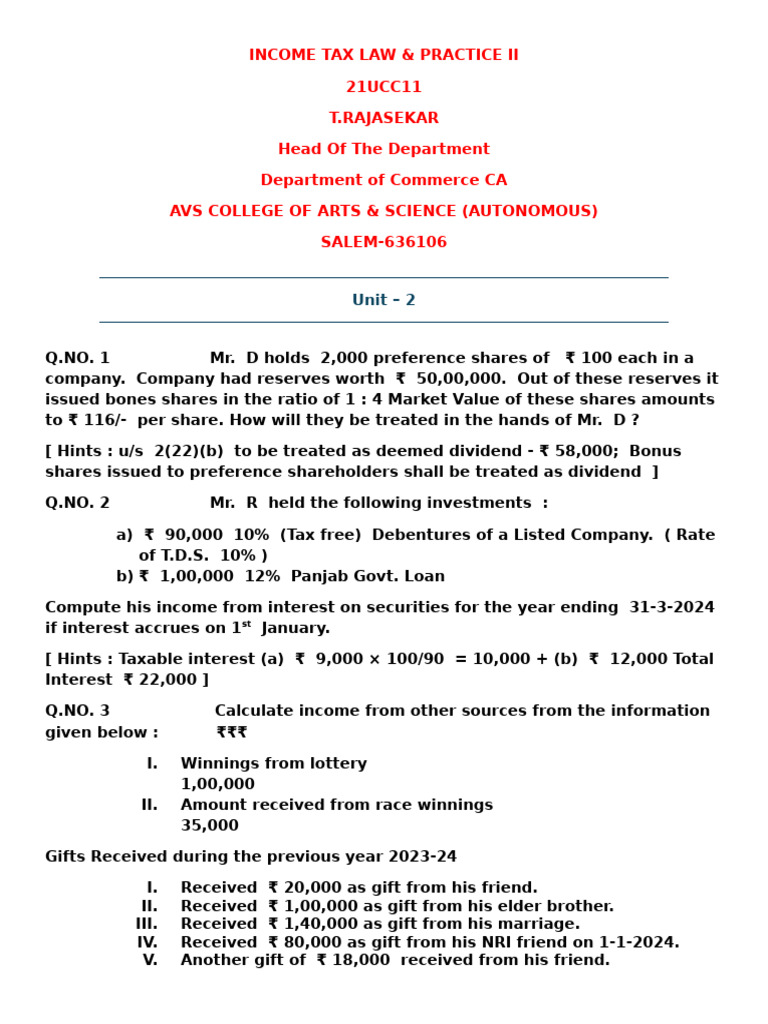 Income Tax Law & Practice II Unit 2 | PDF | Dividend | Income