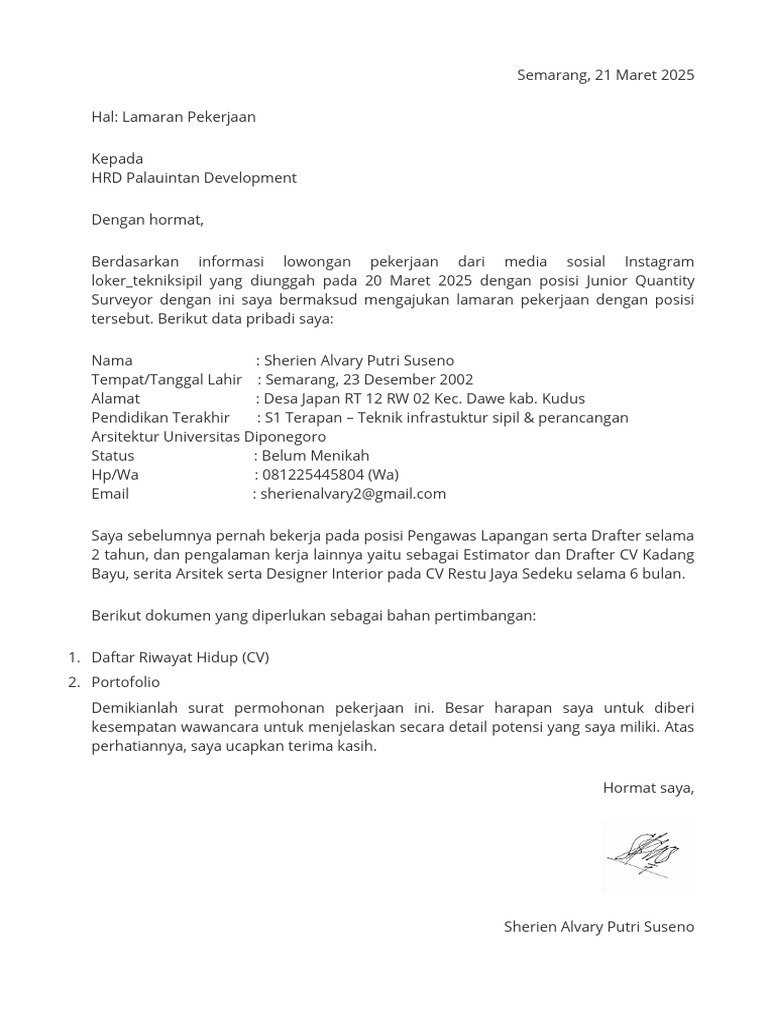 Surat Lamaran Palauintan Development | PDF