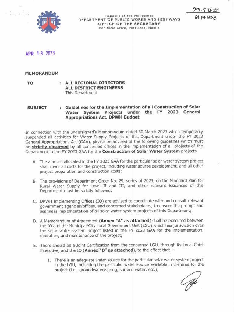 Memo 097.7 - 041823 - Guidelines Implementation Cost Solar Water System Projects Under FY 2023 ...