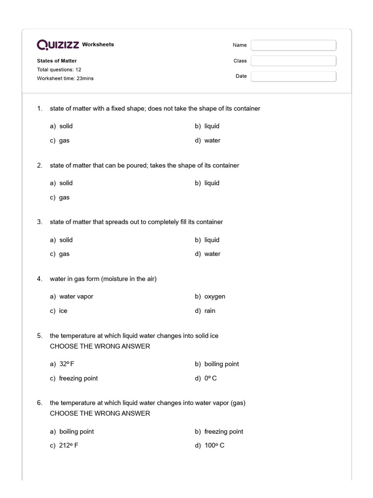 States of Matter Quiz 2 - Quizizz | PDF | Water | Evaporation