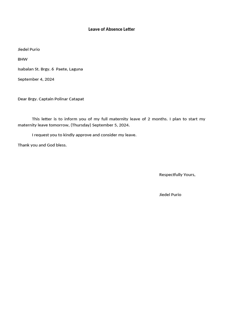 Maternity Leave Request Letter | PDF