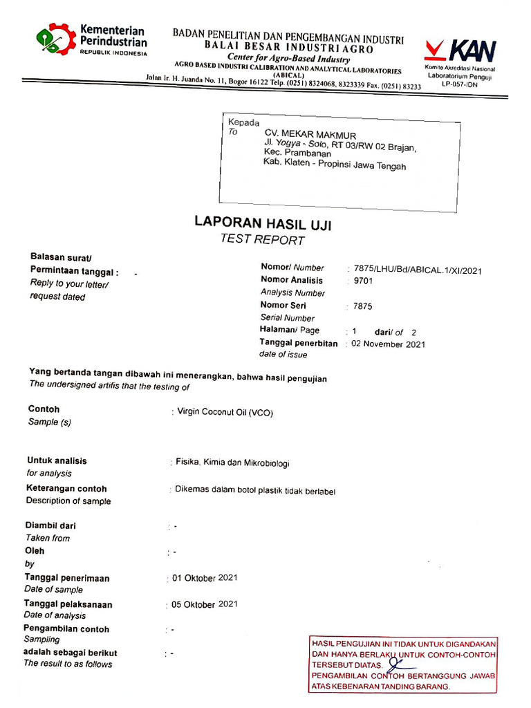 Hasil Lab Vco 1-2 | PDF