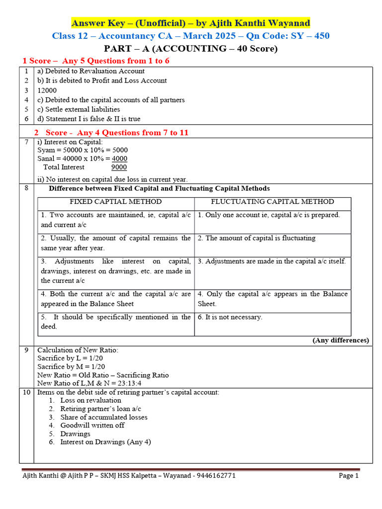 Answer Key XII Acc CA March 2025 - Ajith Kanthi Wyd - 1.0 | PDF | Interest | Debits And Credits