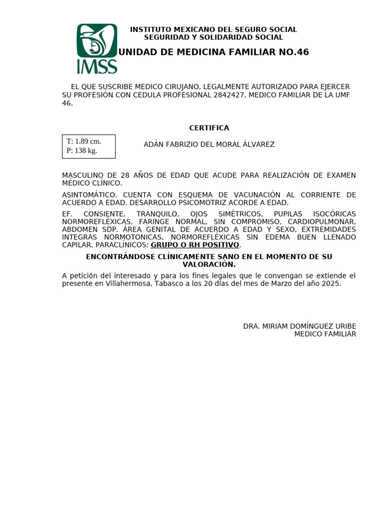 Certificado Medico Imss | PDF | Ciencias de la Salud | Servicios públicos