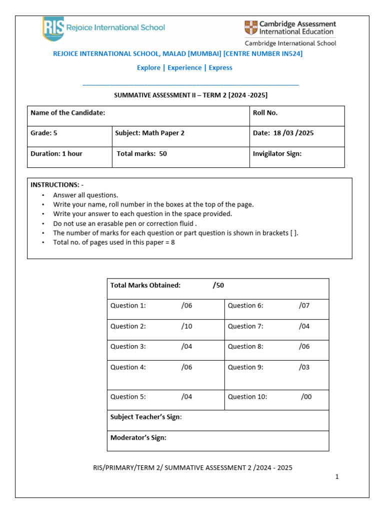 Grade 5 SA 2 Math Paper 2 | PDF | Angle