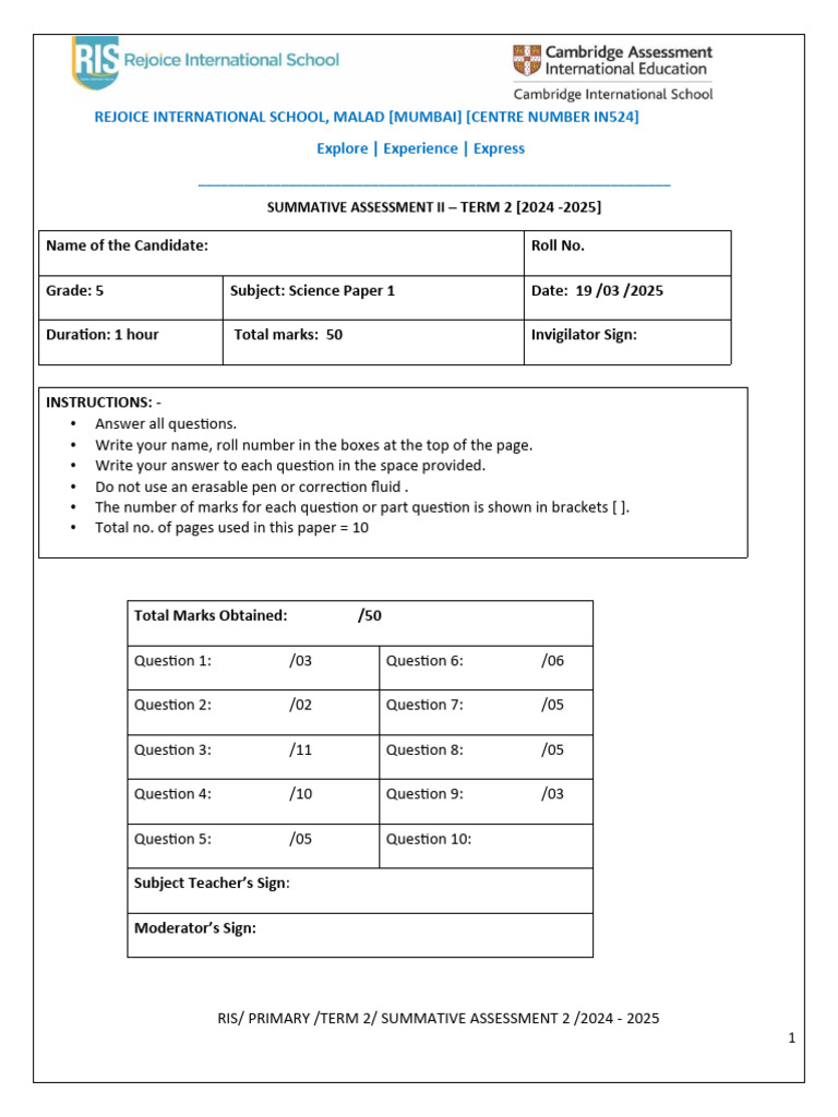 SA 2 Grade 5 science PAPER 1 | PDF | Solar System | Planets