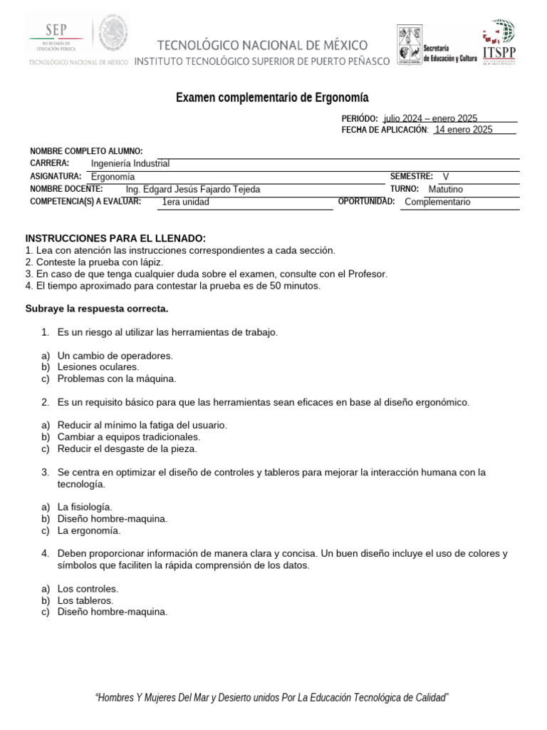 EXAMEN COMPLEMENTARIO ERGONOMIA 2025 | PDF | Diseño