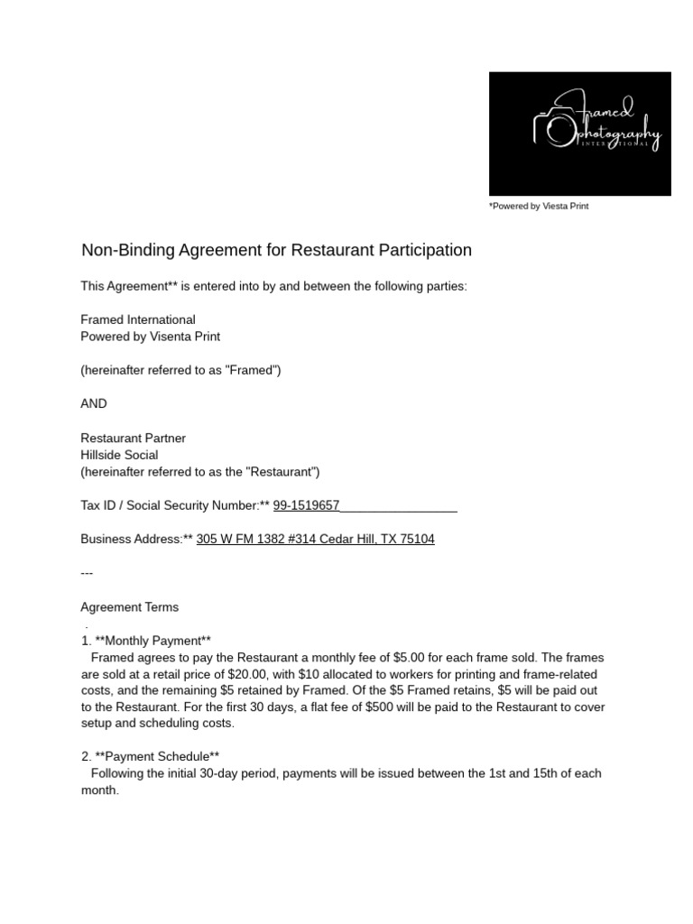 Non-Binding Restaurant Agreement Template | PDF