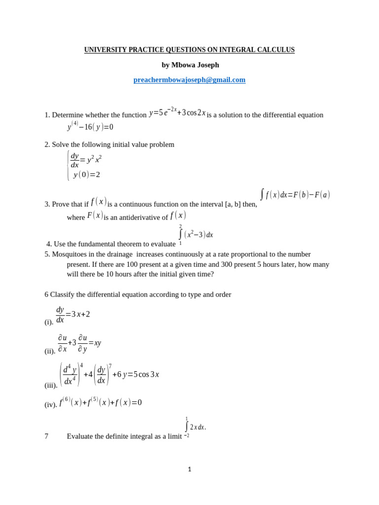Integral Calculus Practice Questions | PDF | Integral | Functions And Mappings