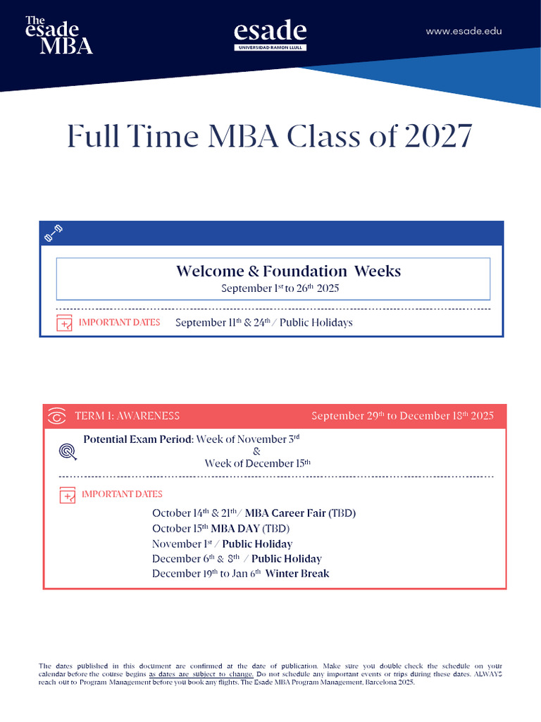 Esade MBA 2025-2027 Academic Calendar | PDF | Military Operations