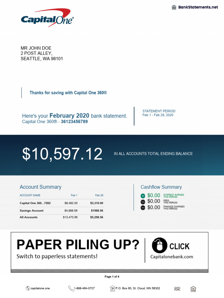 Capital One Bank Statement BankStatements Net - Копия | PDF | Debit ...