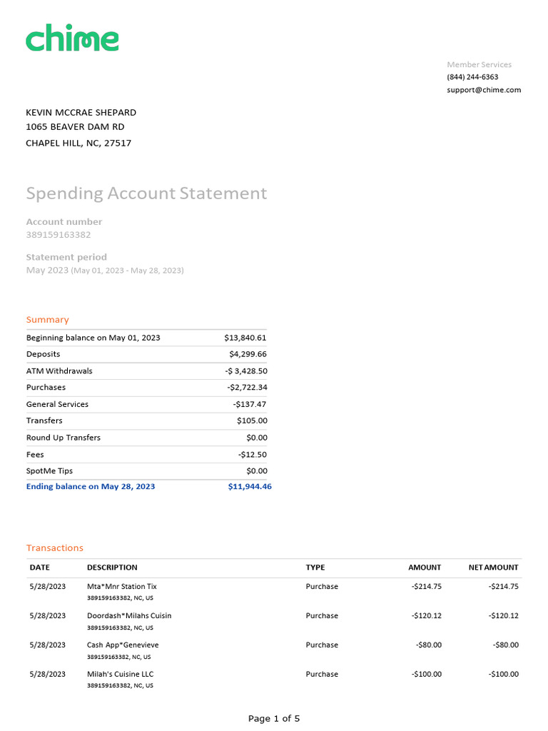 Chime Spending Account Statement May 2023 | PDF | Banking | Financial ...